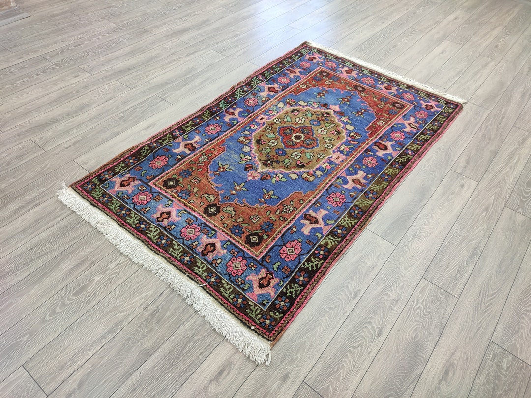 Vintage Area Rug, Blue Turkish Rug, 3.6x5.6 Ft, Bohemian Rug, Oushak ...