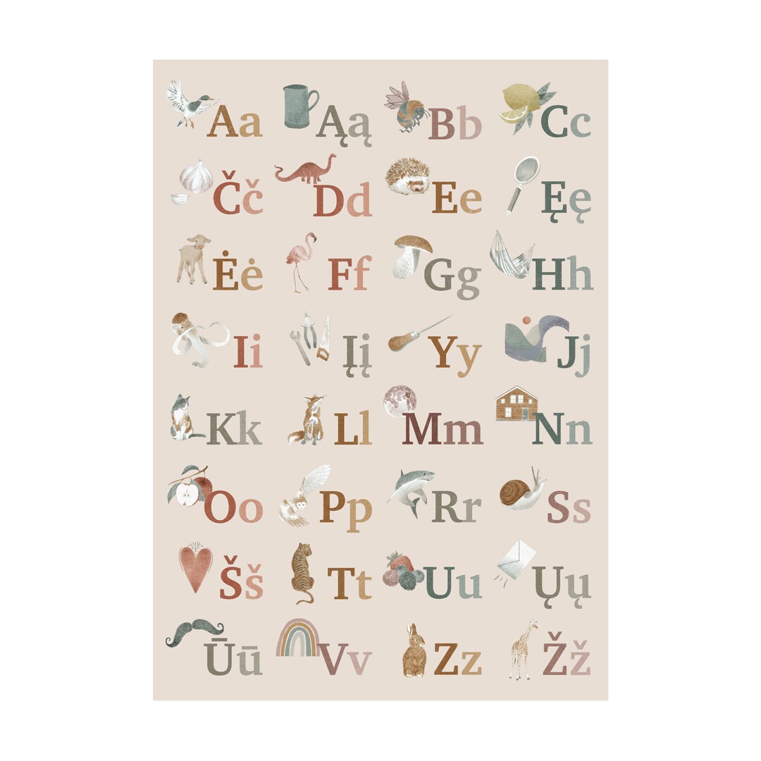 Alphabet Poster lithuanian Illustrated Letters Print Educational Abc Poster for Toddlers ...