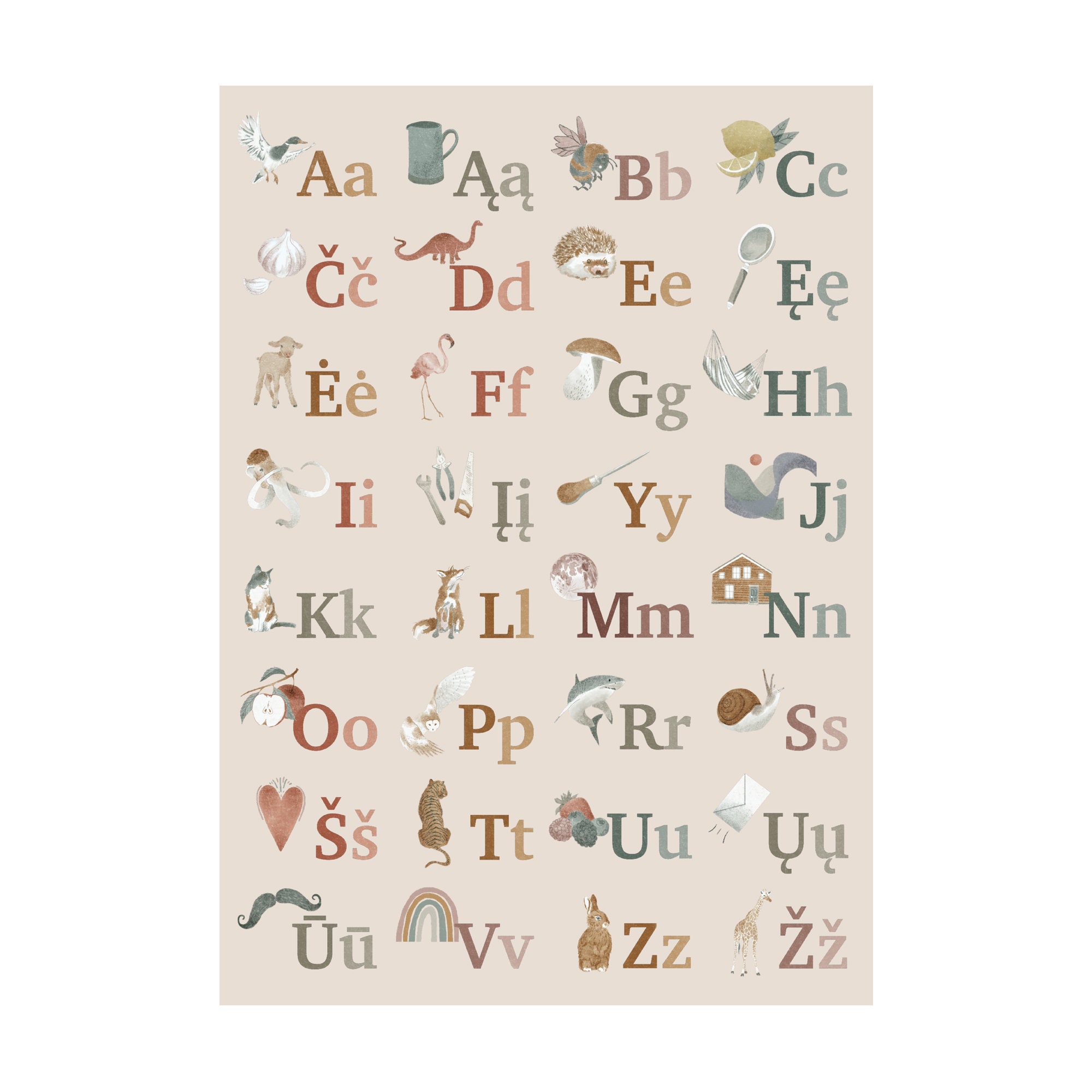 Alphabet Poster lithuanian Illustrated Letters Print Educational Abc ...