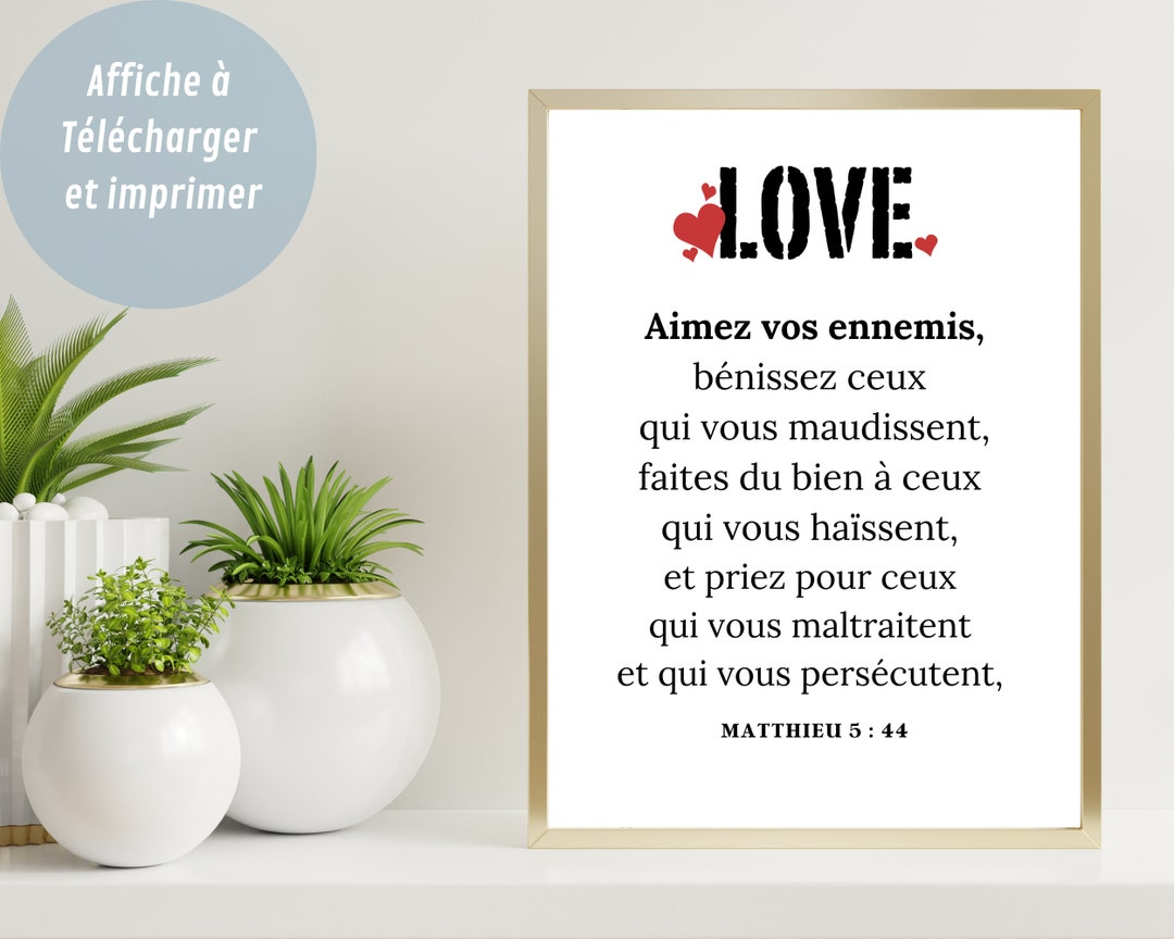 French Bible Verse, Matthew 5V44, Christian Decorative Poster for Frame ...