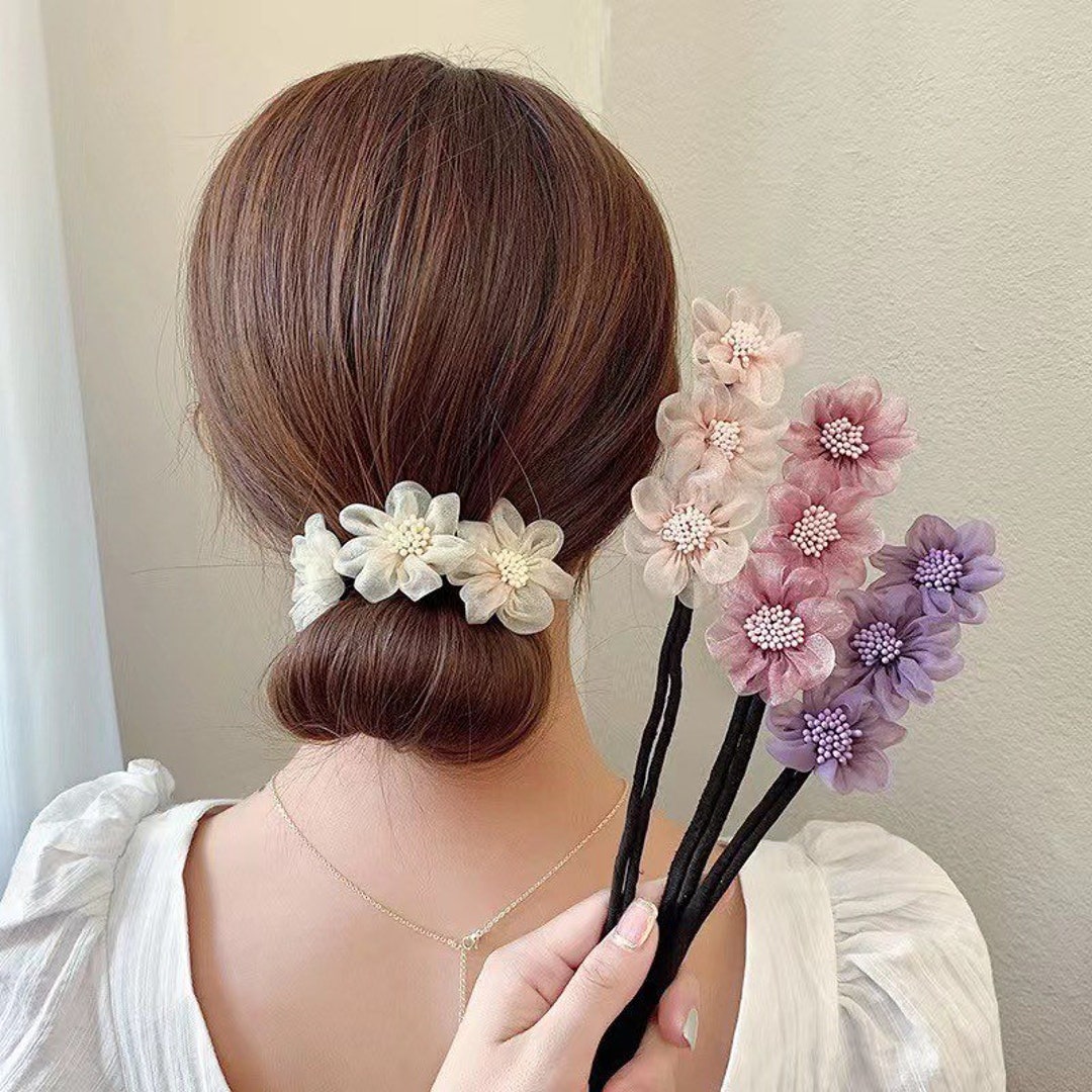 Hair Bun Maker Tool With Organza Flowers for Women Girls, Ponytail Low ...