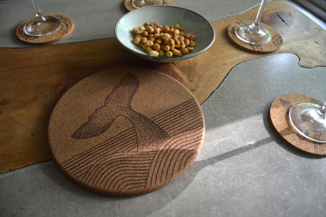 Cork Trivet - Pyrography - Whale Ocean Illustration - Etsy