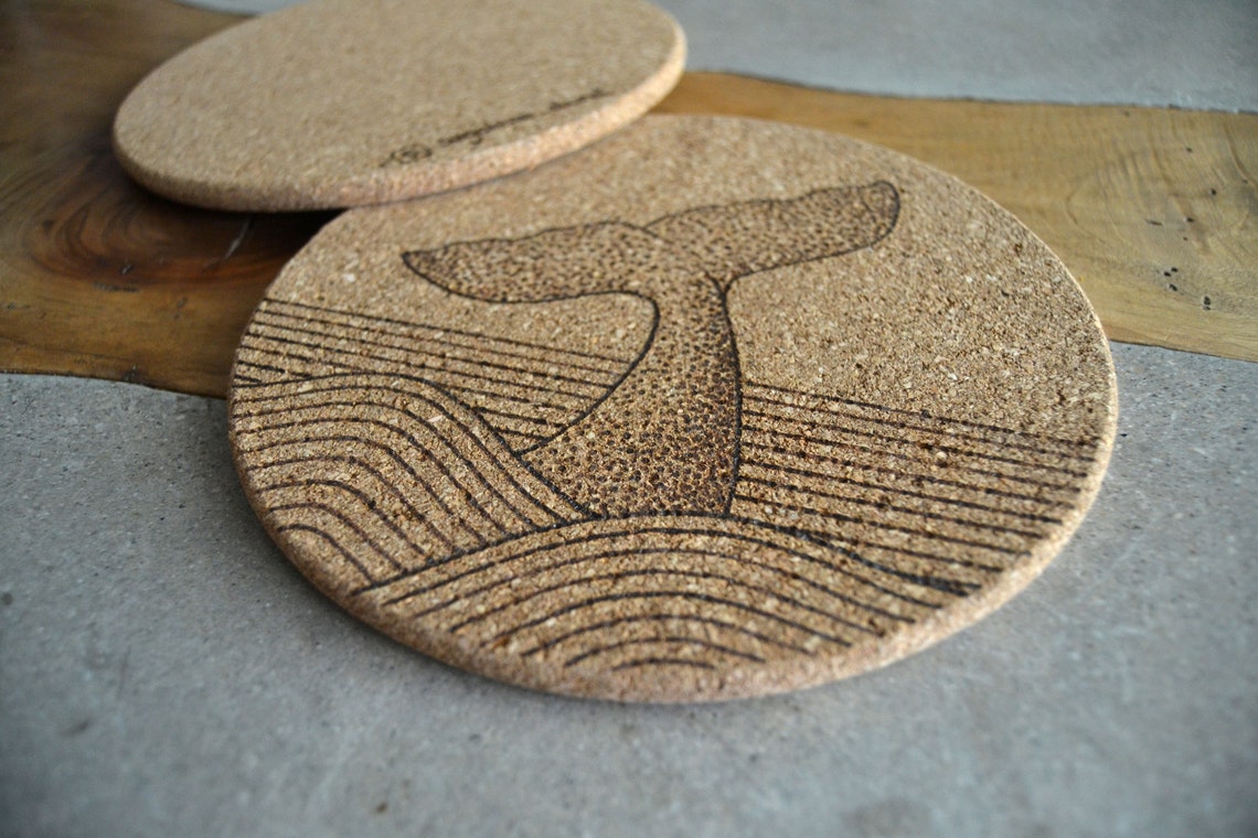 Cork Trivet - Pyrography - Whale Ocean Illustration - Etsy