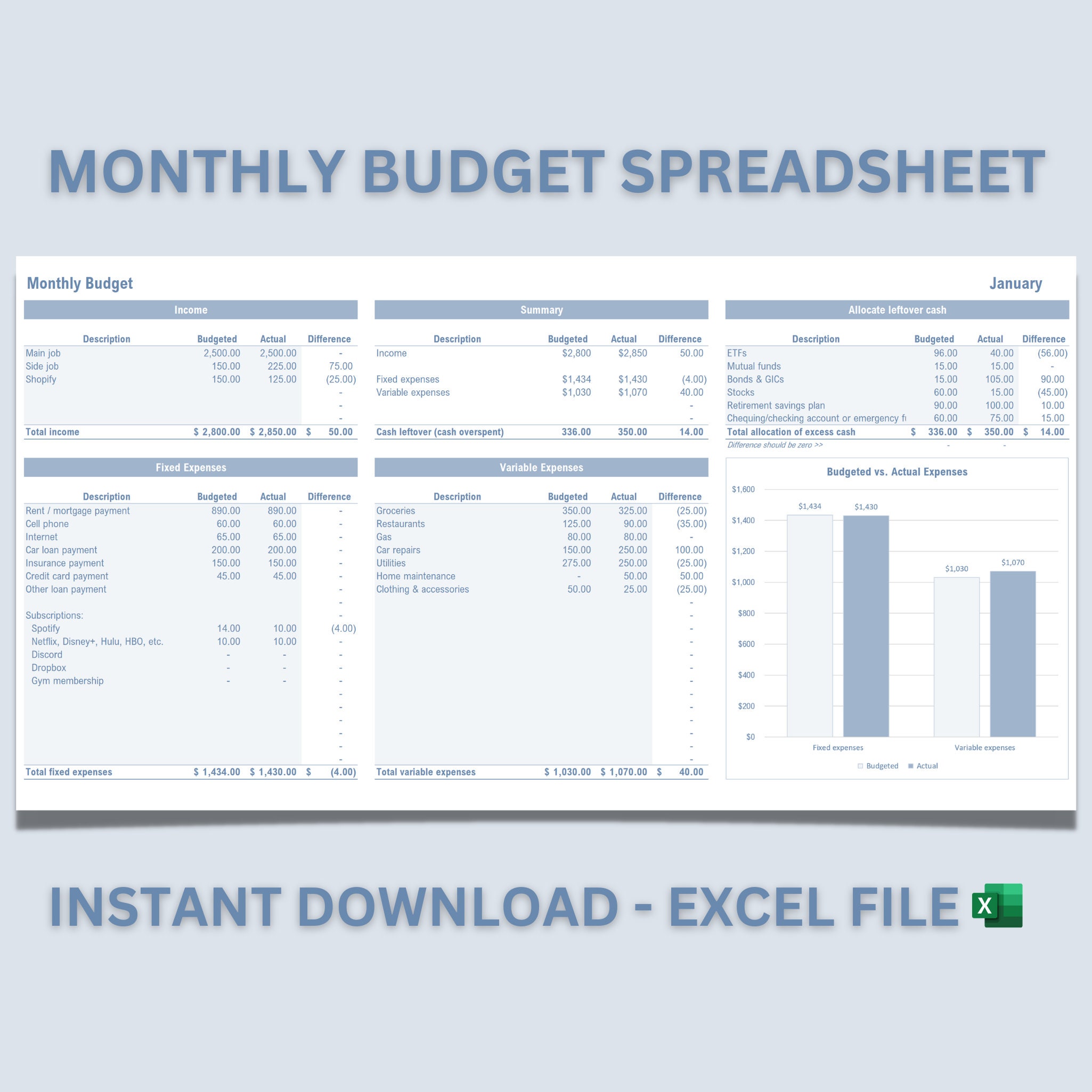 Monthly Budget EXCEL Spreadsheet Template Planner Personal - Etsy