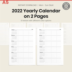 2022 Yearly Calendar Yearly Planner Important Dates A5 Printable ...