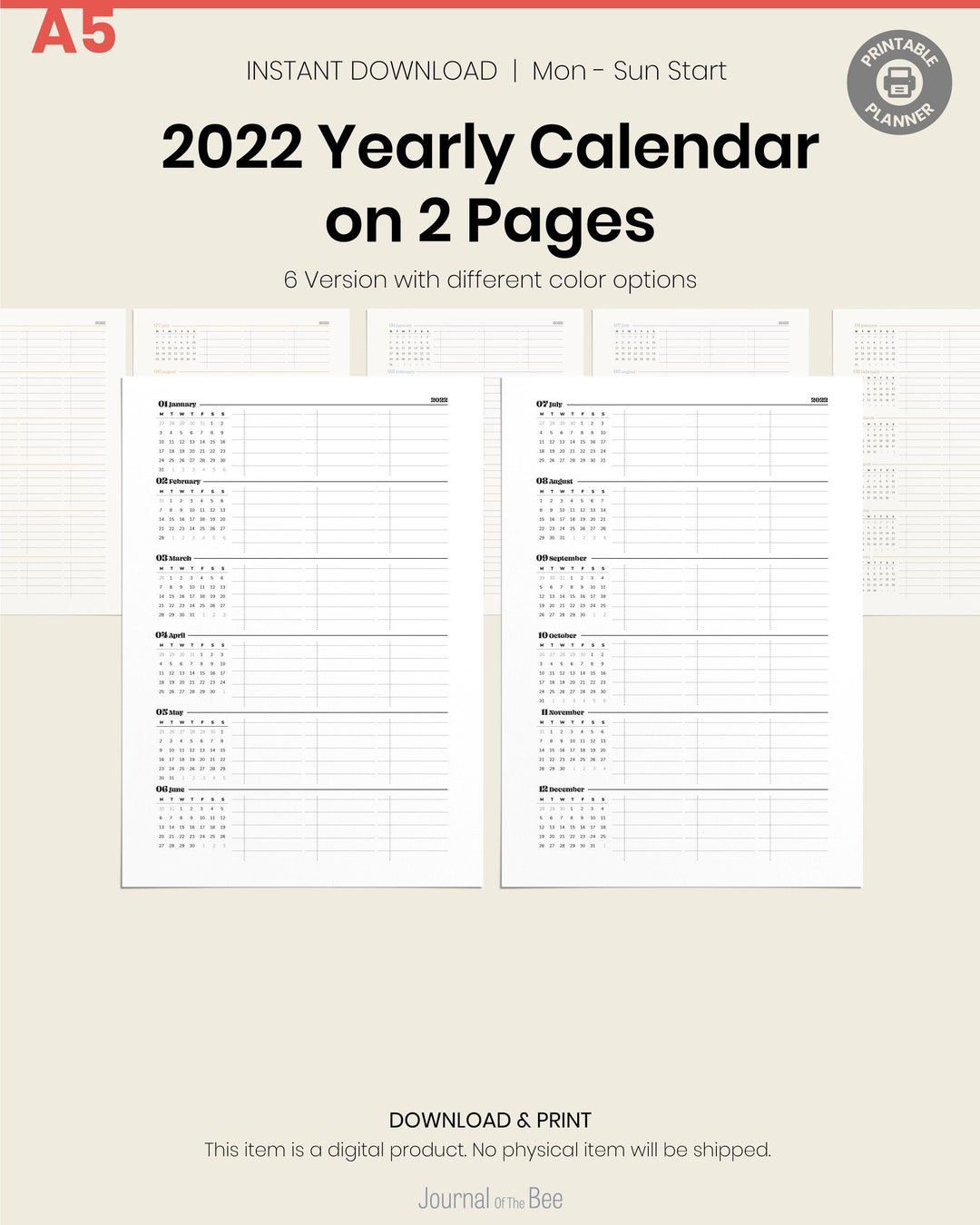 2022 Yearly Calendar Yearly Planner Important Dates A5 Printable ...