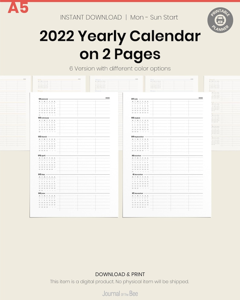 2022 Yearly Calendar Yearly Planner Important Dates A5 Printable ...