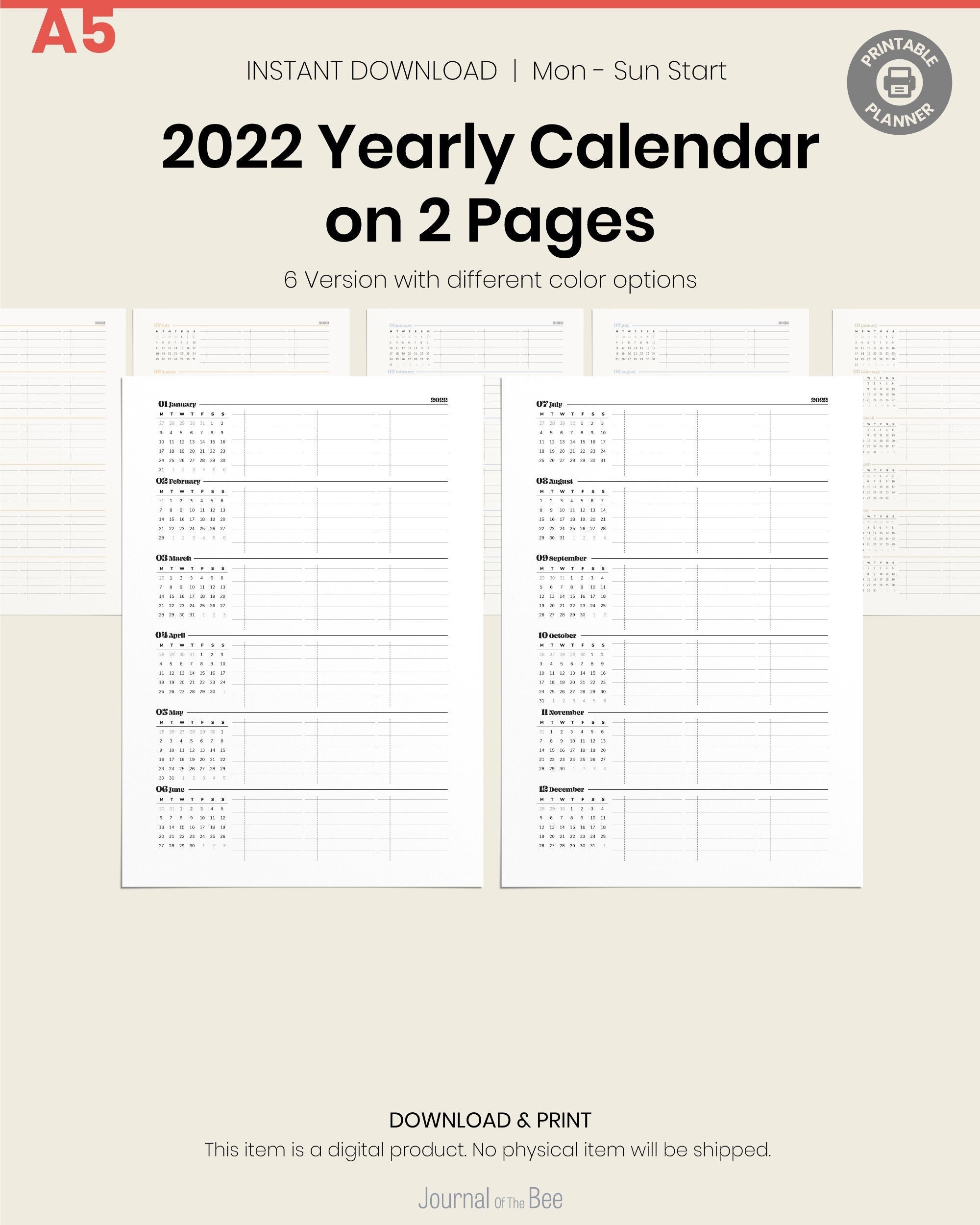 2022 Yearly Calendar Yearly Planner Important Dates A5 Printable ...