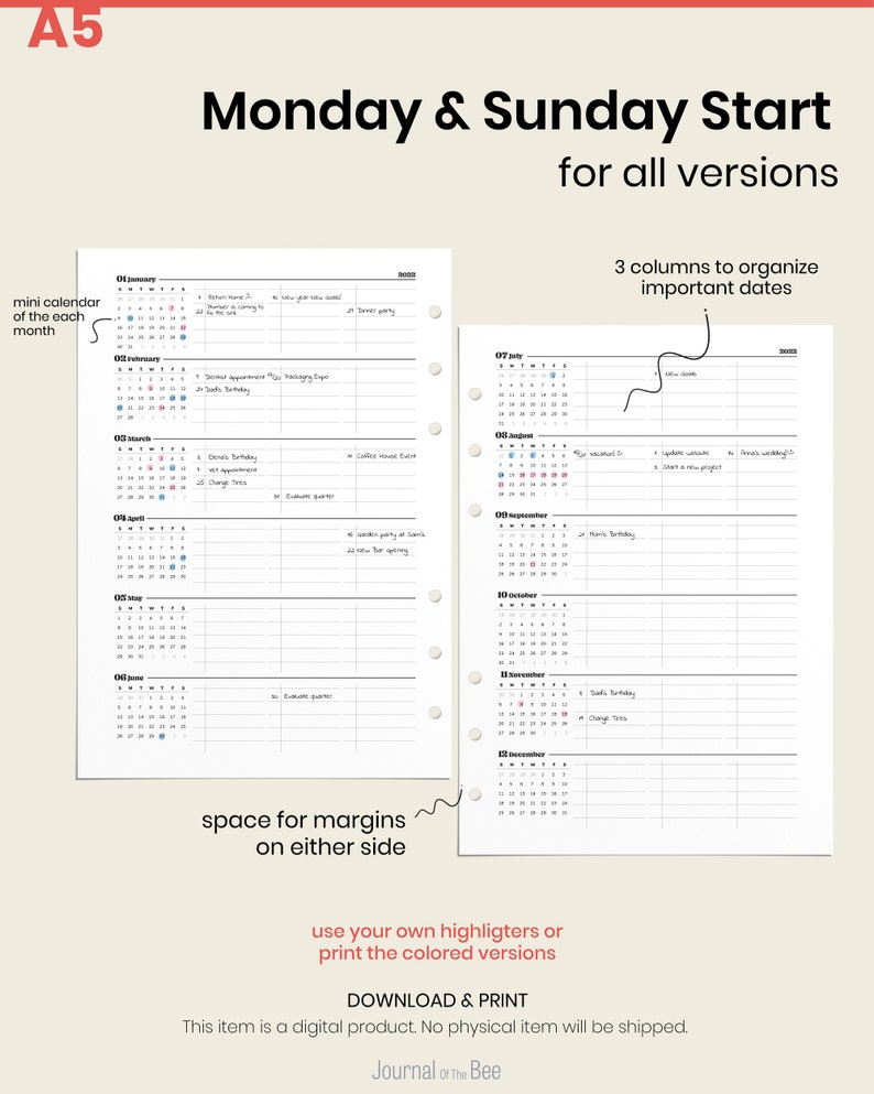 2022 Yearly Calendar Yearly Planner Important Dates A5 Printable ...