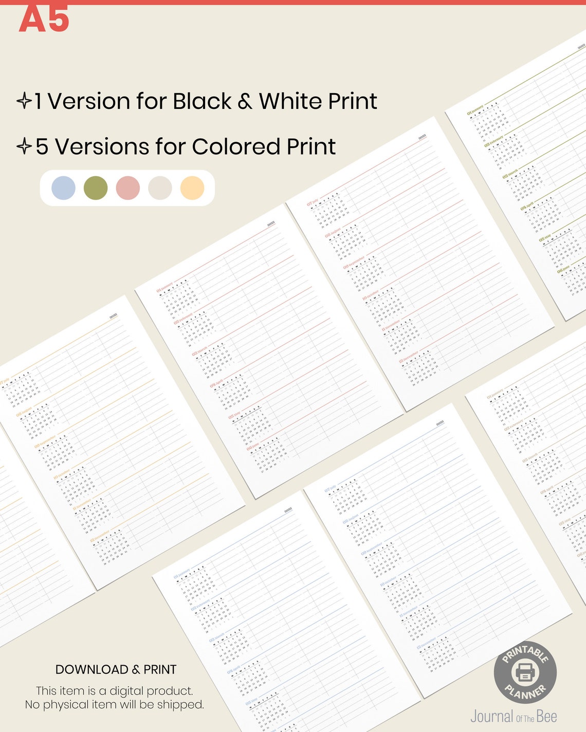 2022 Yearly Calendar Yearly Planner Important Dates A5 Printable ...