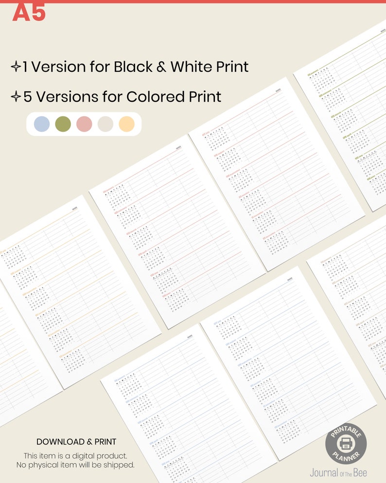 2022 Yearly Calendar Yearly Planner Important Dates A5 Printable ...