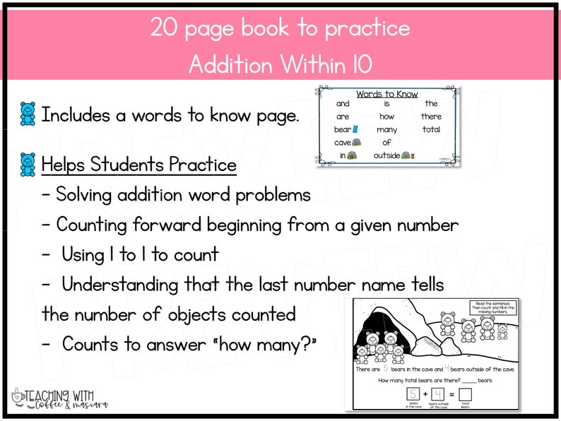 Kindergarten Addition to 10 Word Problems Beginning Reader | Etsy