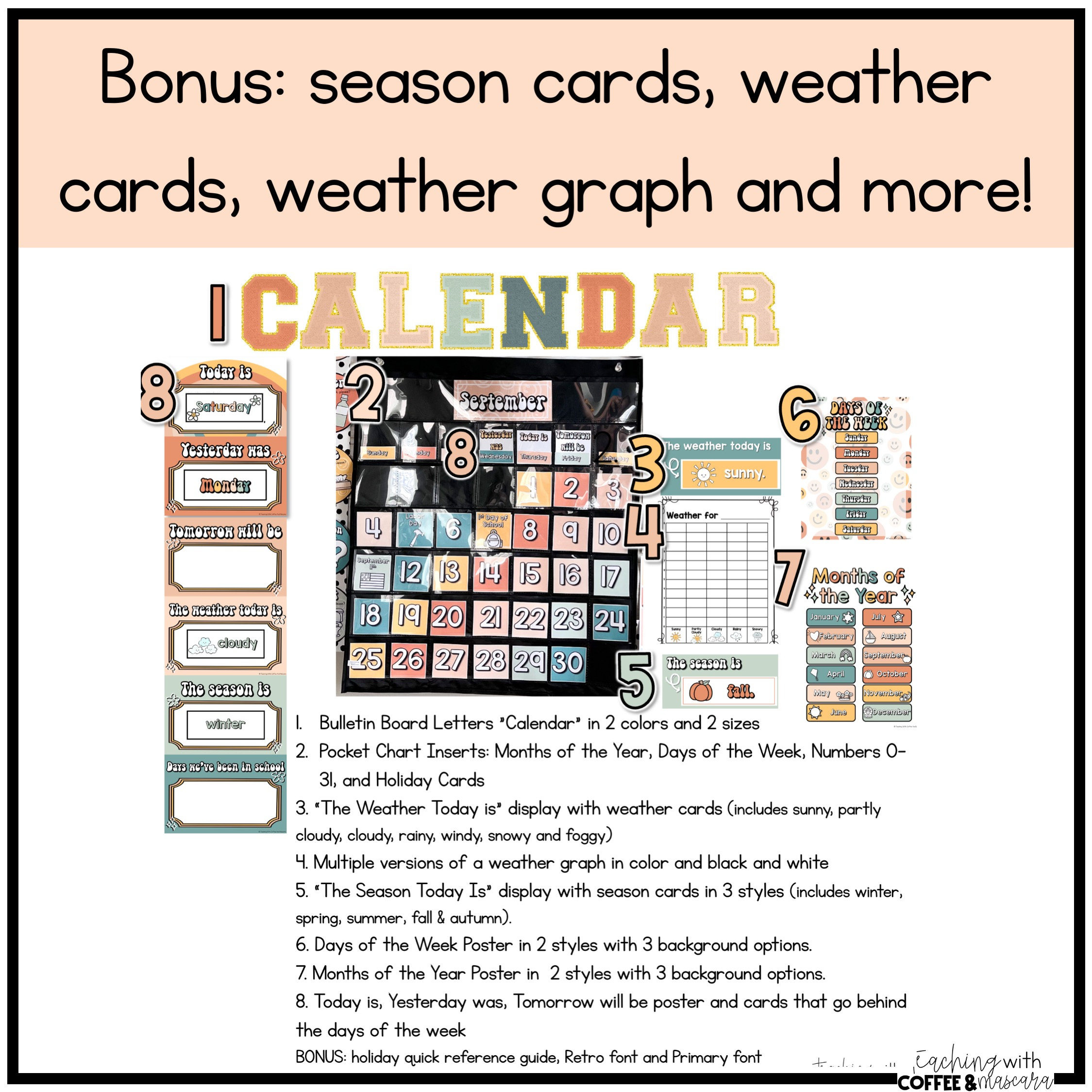 Boho Classroom Calendar Bulletin Board Set | Pocket Chart Calendar ...