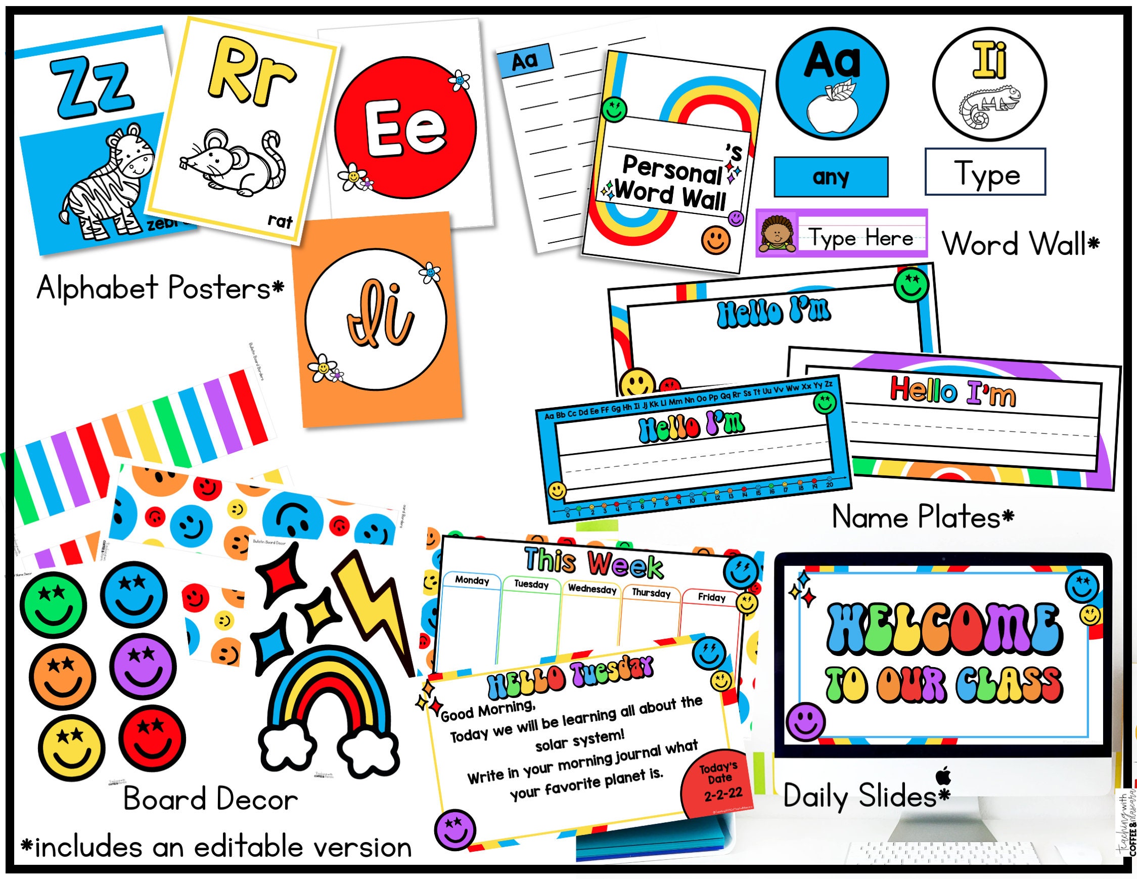 Retro Rainbow Classroom Decor Bundle | Smiley Face Classroom Decor ...