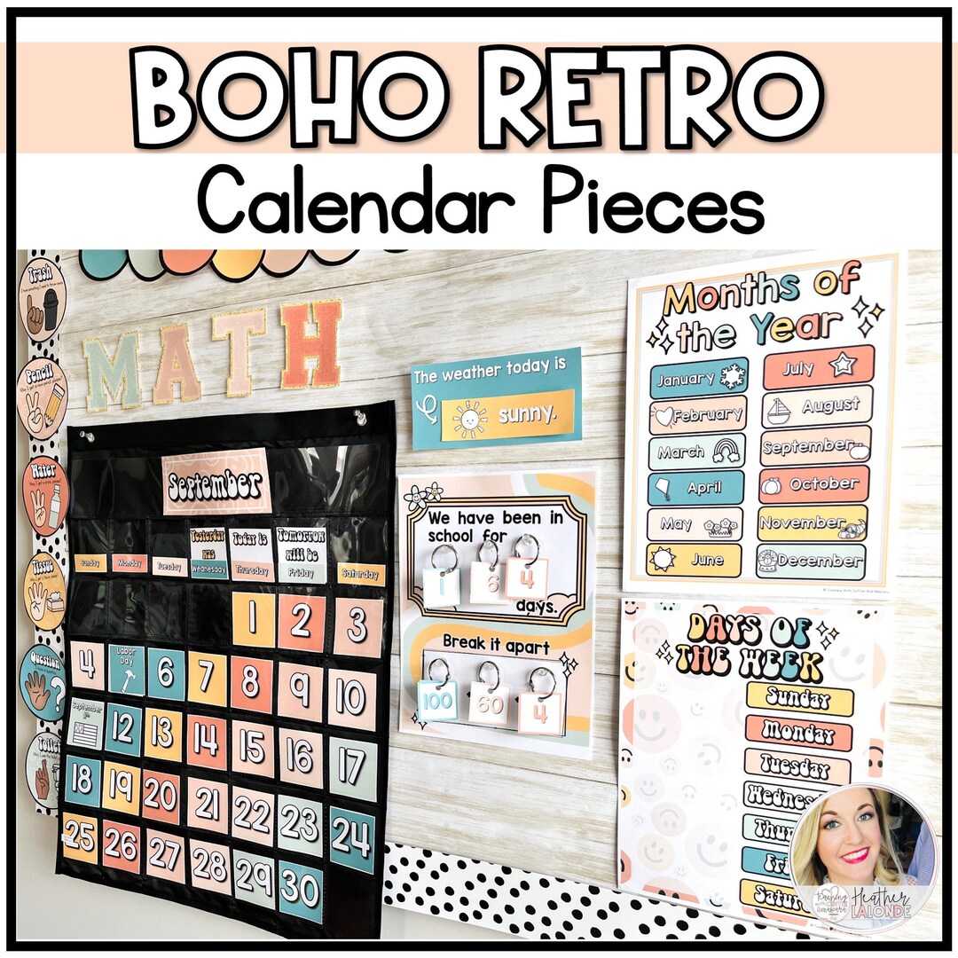 Boho Classroom Calendar Bulletin Board Set | Pocket Chart Calendar ...