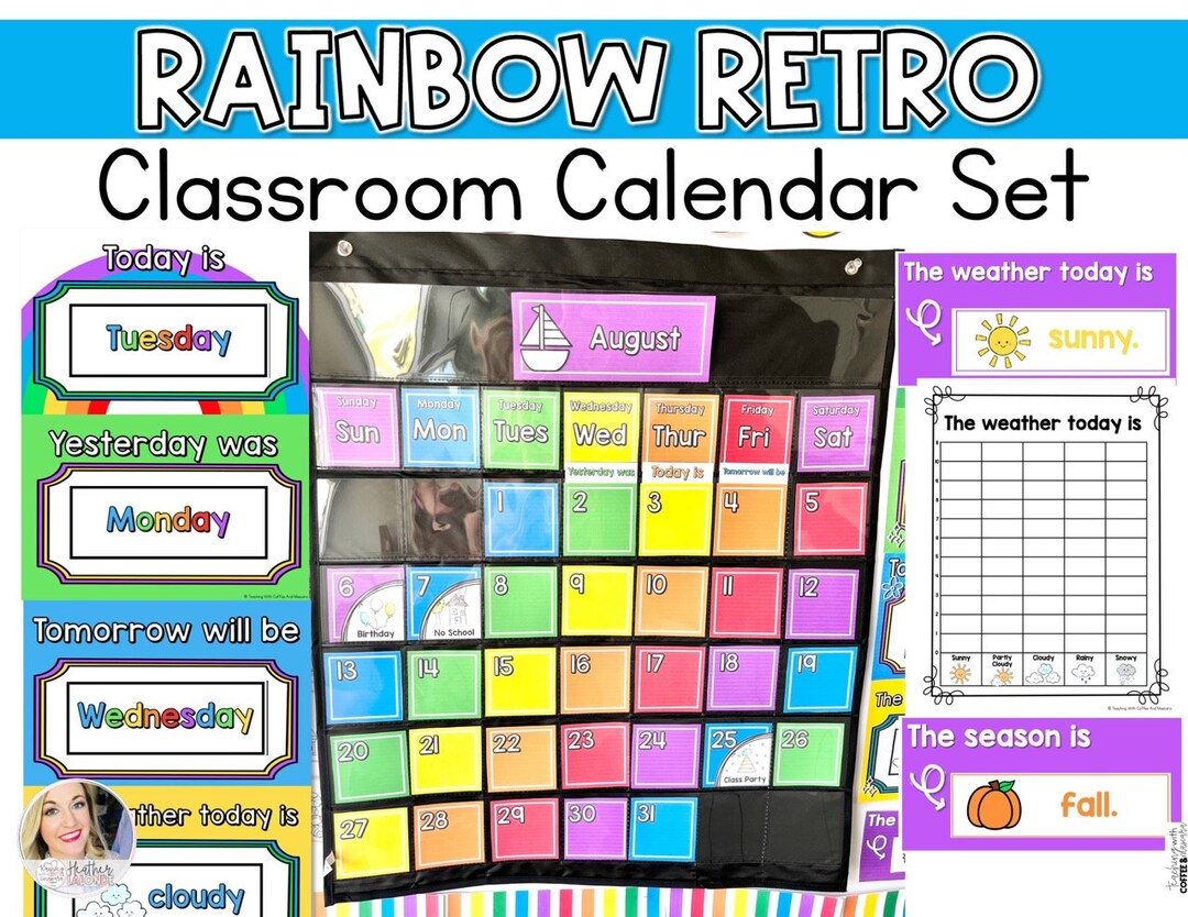 Retro Classroom Calendar Bulletin Board Set | Pocket Chart Calendar ...