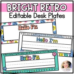 Desk Name Tags Bright Retro | Editable Name Plates | Rainbow Classroom ...
