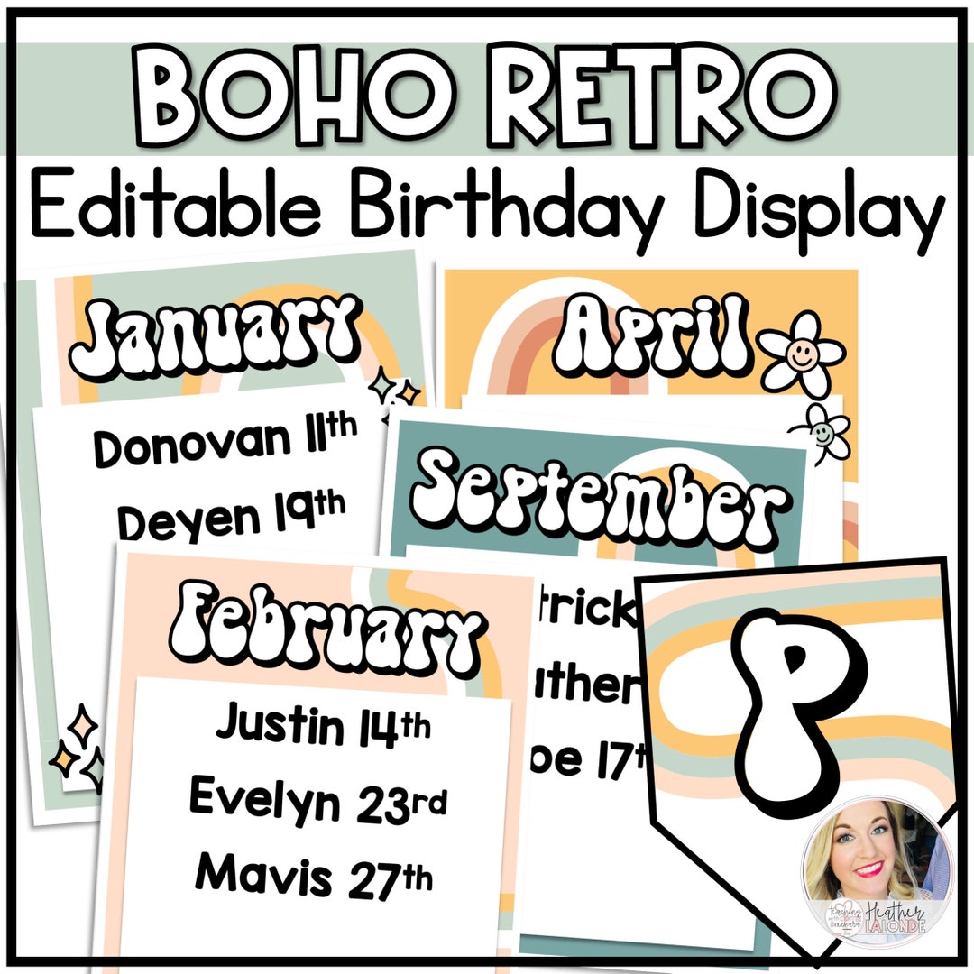 Boho Birthday Display | Boho Rainbow Birthday Bulletin Board | Retro ...