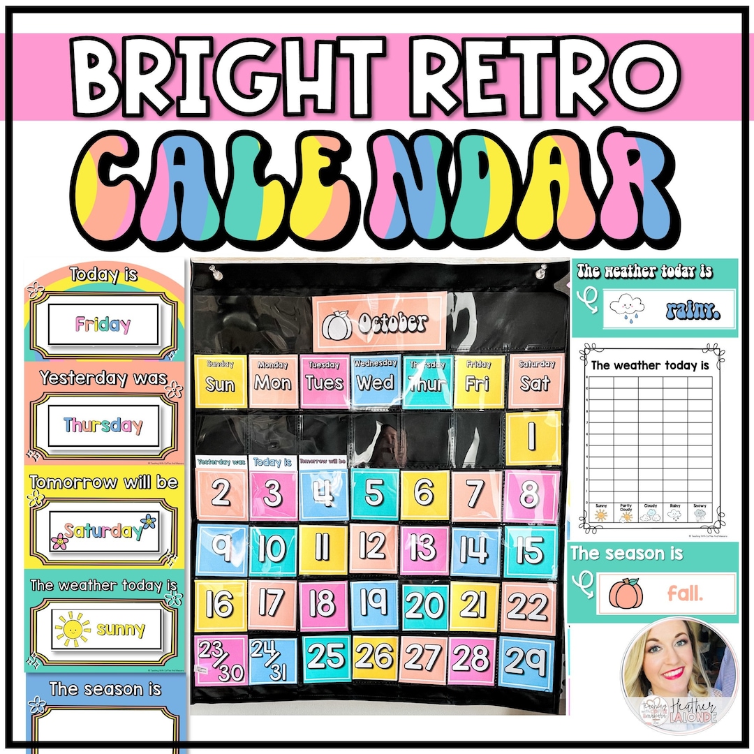 Retro Classroom Calendar Bulletin Board Set | Pocket Chart Calendar ...