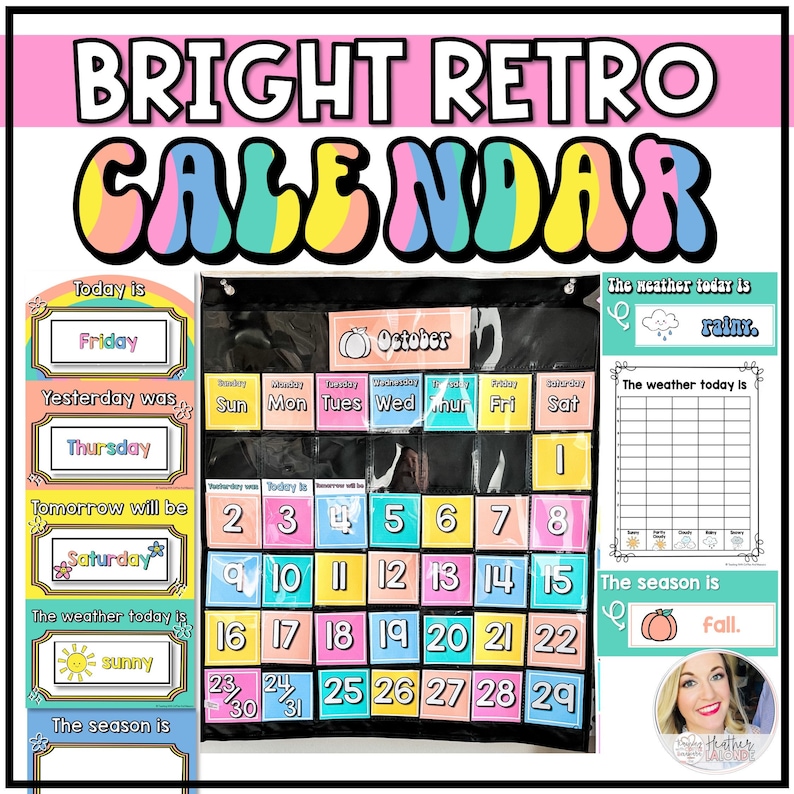 Retro Classroom Calendar Bulletin Board Set Pocket Chart - Etsy