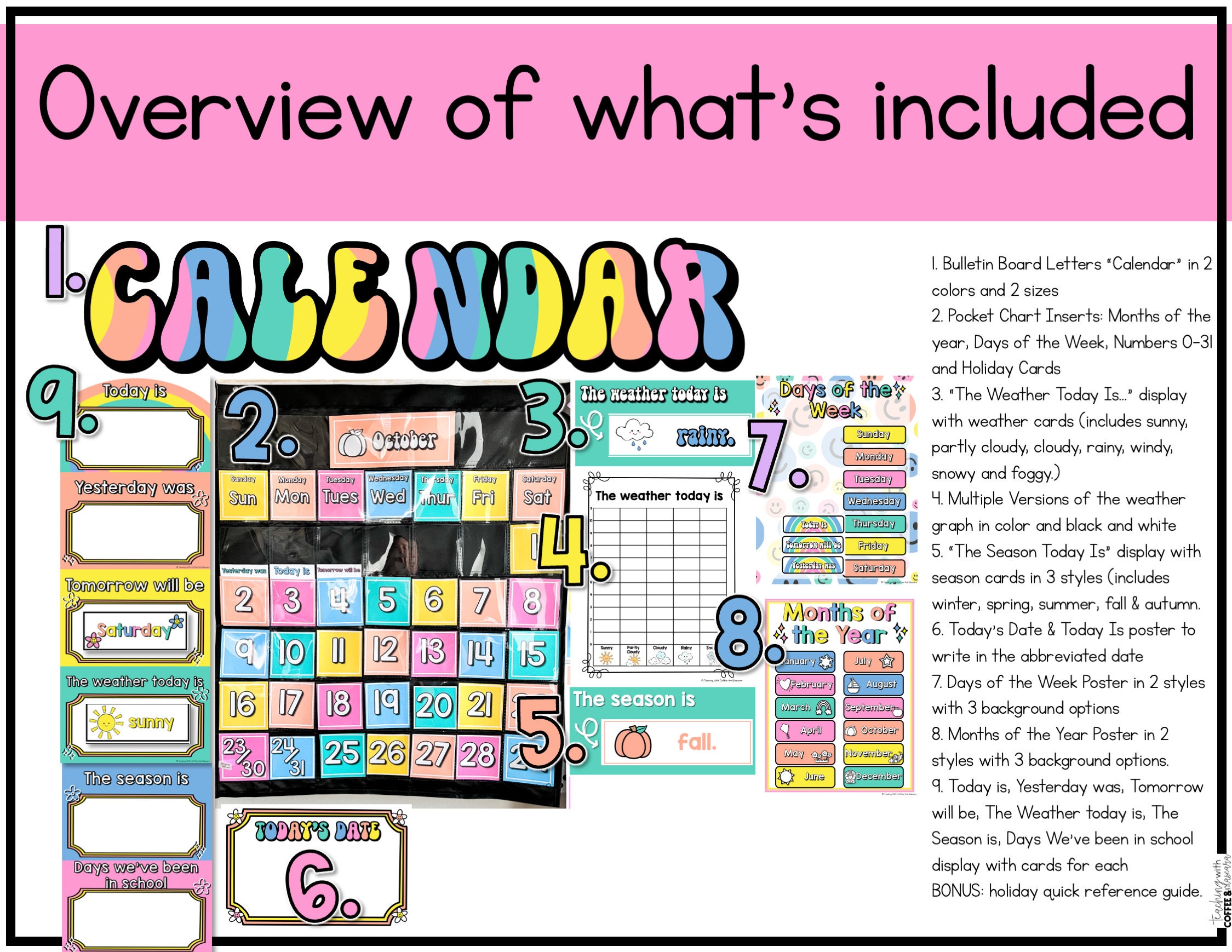 Retro Classroom Calendar Bulletin Board Set | Pocket Chart Calendar ...