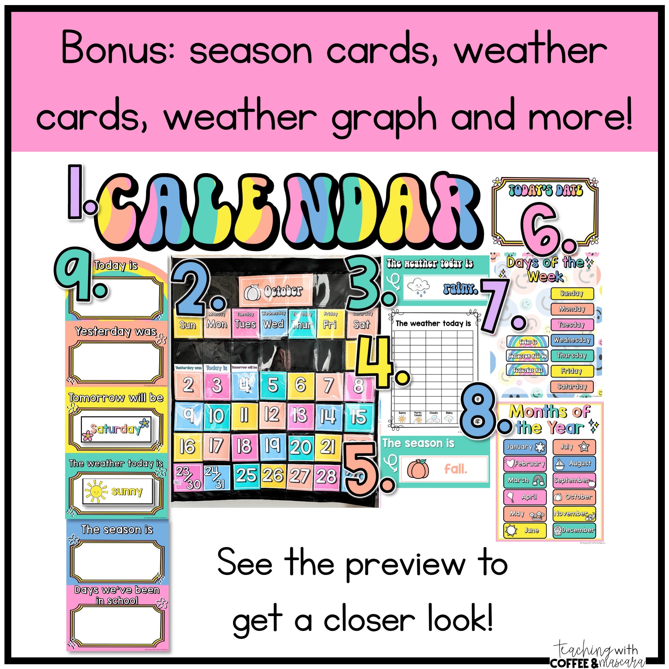 Retro Classroom Calendar Bulletin Board Set Pocket Chart - Etsy