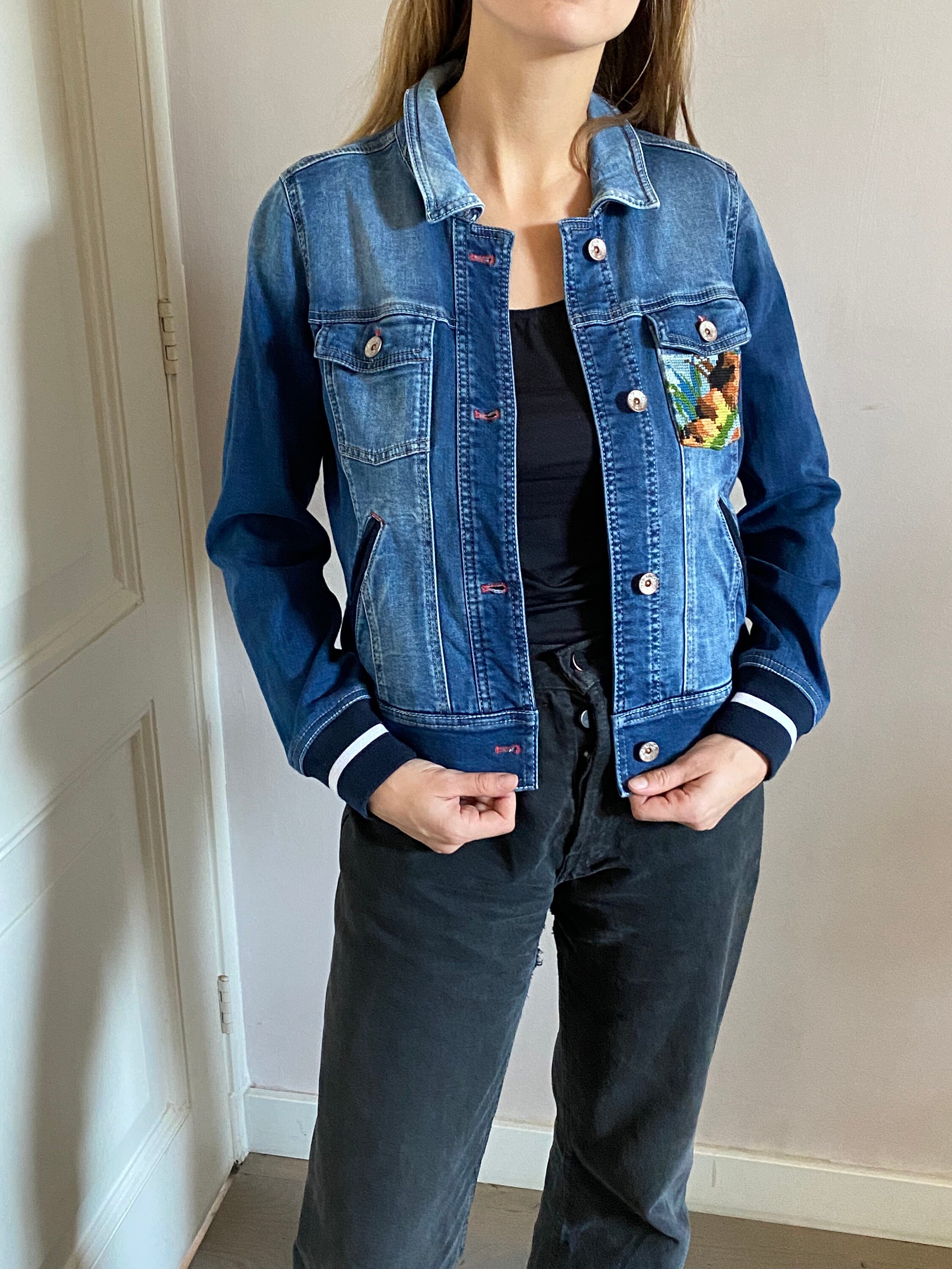 Jeans Jacket With Embroidered Pocket and Back. - Etsy