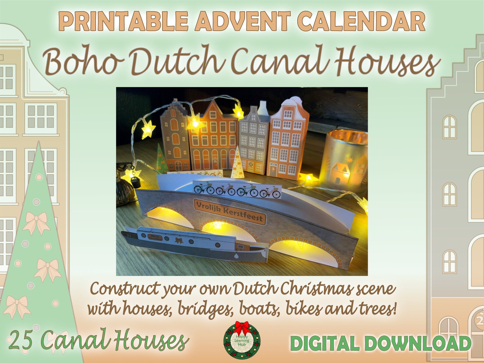 Dutch Canal Houses Printable Advent Calendar, DIY Boho Paper Houses ...