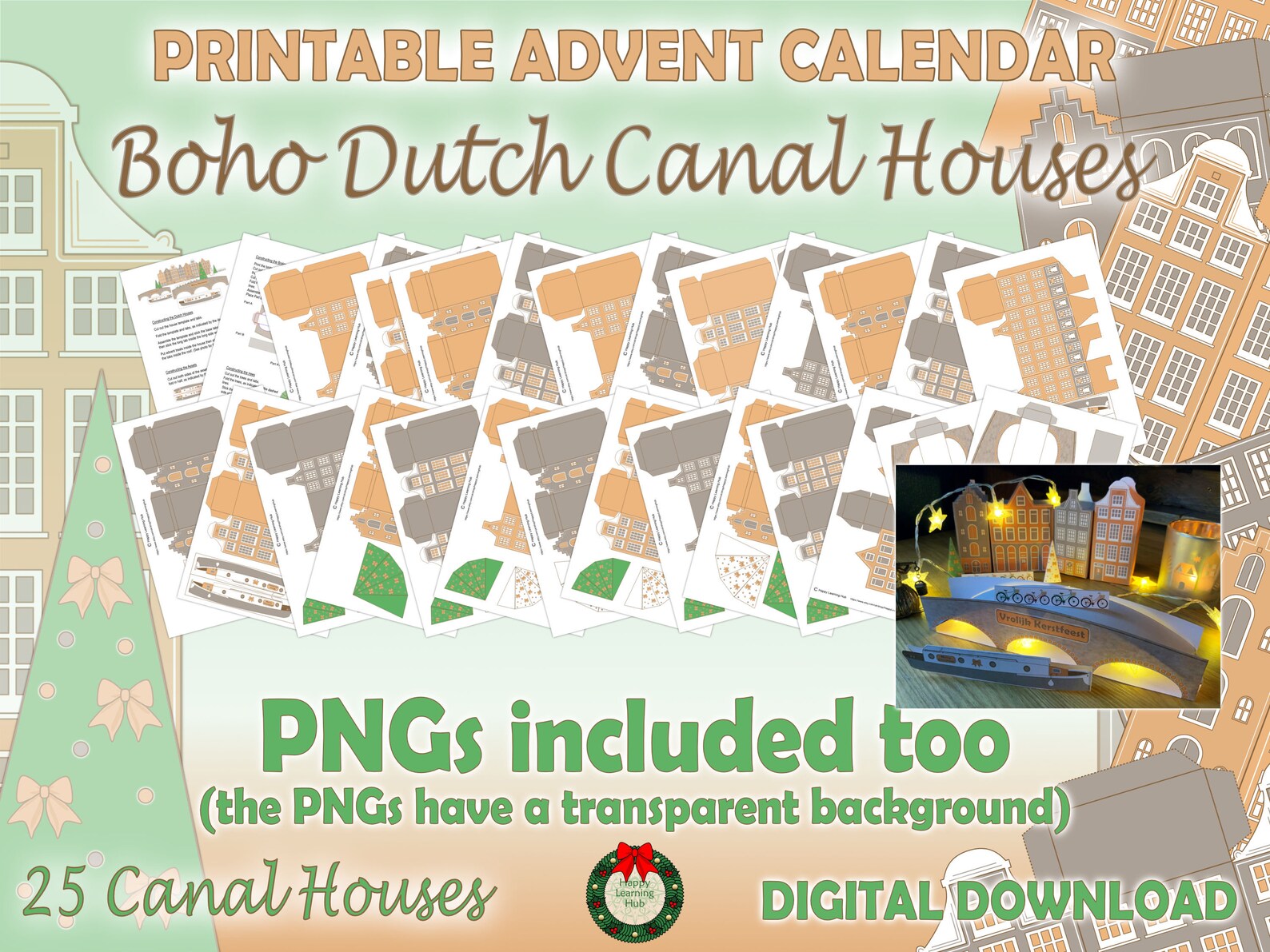 Dutch Canal Houses Printable Advent Calendar, DIY Boho Paper Houses ...