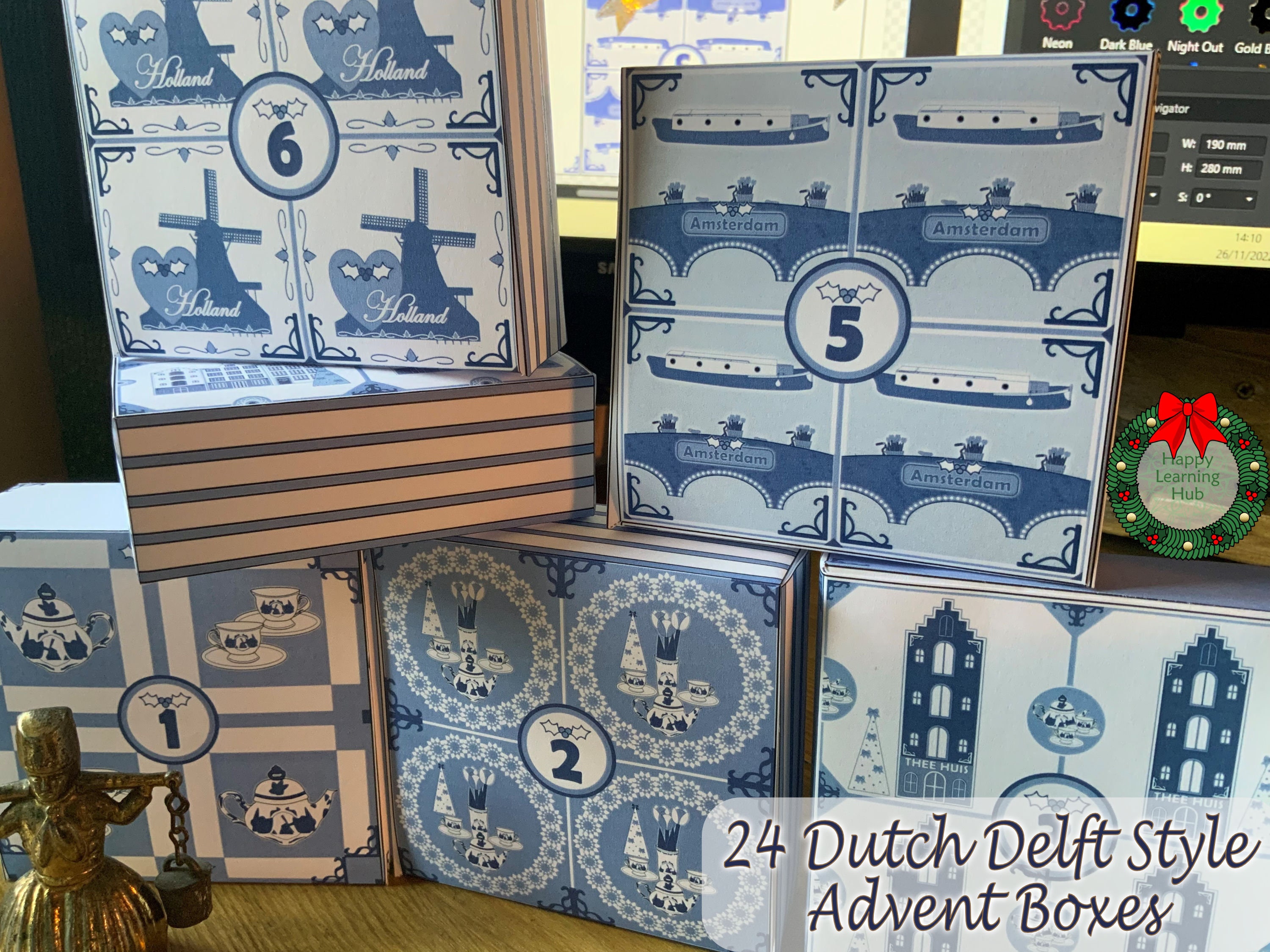 Printable Advent Calendar Boxes, Dutch Delft Blue Inspired DIY Advent ...