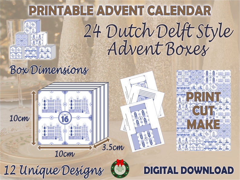 Printable Advent Calendar Boxes, Dutch Delft Blue Inspired DIY Advent ...