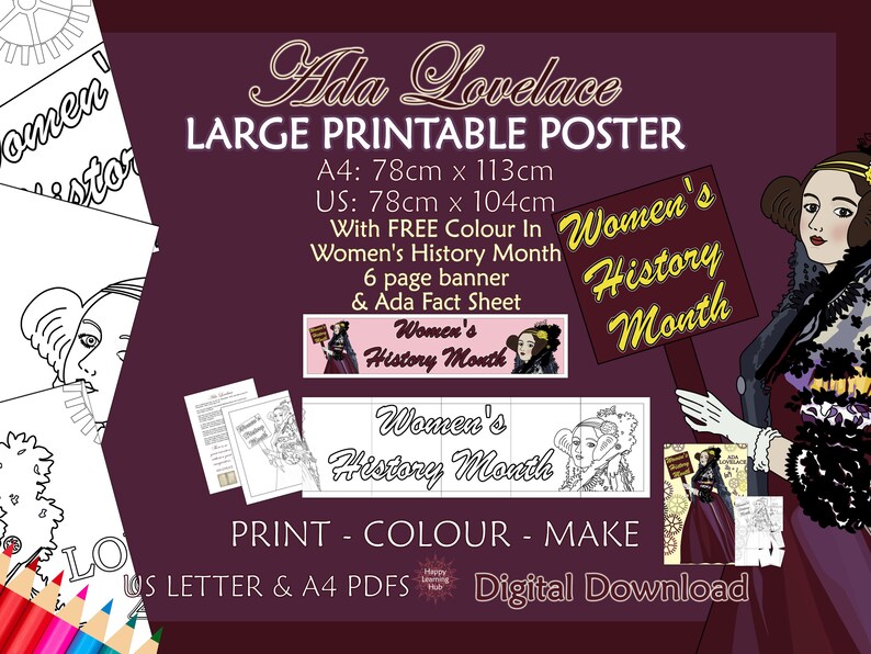 Women's History Month, Large Printable Colouring Poster, Ada Lovelace ...