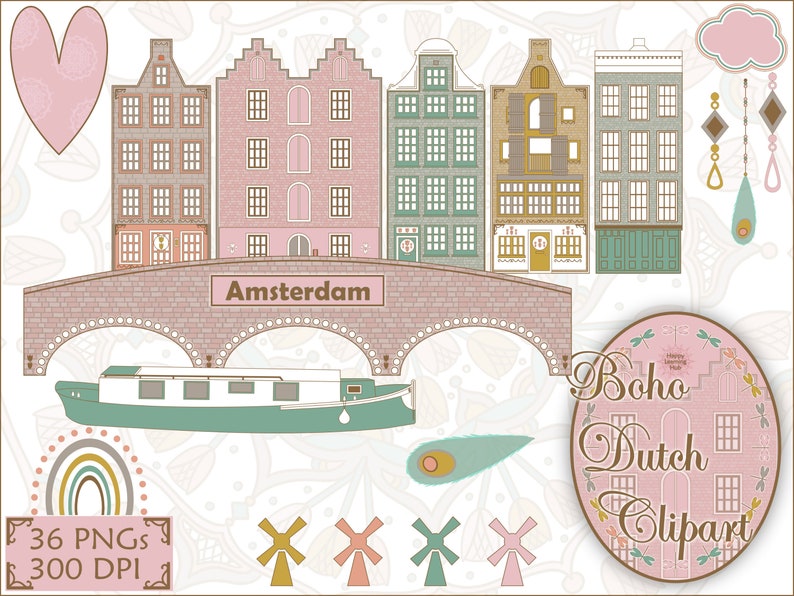Amsterdam Clipart Dutch Canal Houses Boho Theme Clipart - Etsy