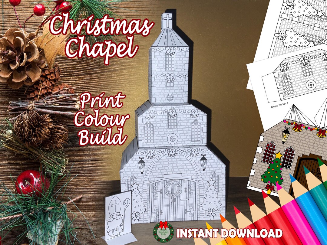 Printable Christmas Chapel: DIY Colouring Activity & Favor Box (digital ...