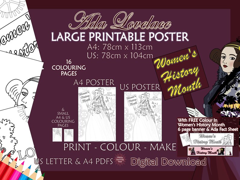 Women's History Month, Large Printable Colouring Poster, Ada Lovelace ...