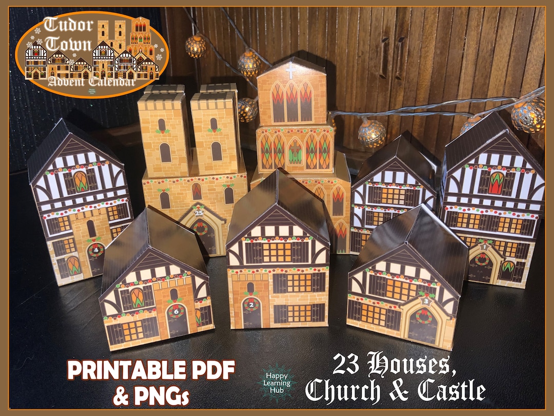 Printable Advent Calendar Village, Tudor Houses, Christmas Church ...
