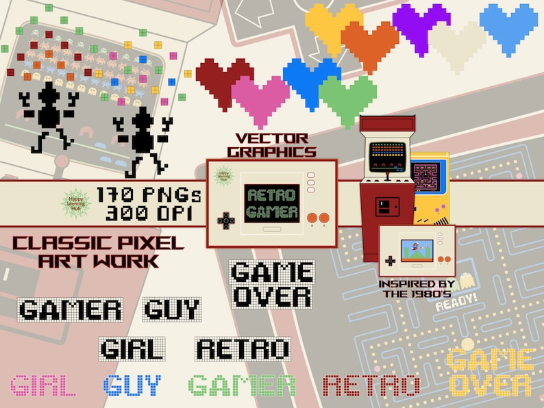 Retro Gamer Clipart, Gamer PNG Bundle, 80's Clipart, Gaming Consoles ...