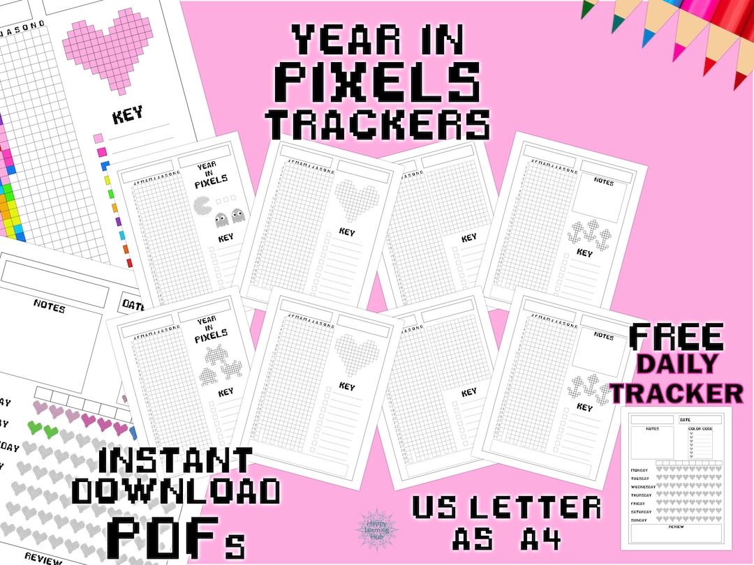 Year in Pixels Trackers, Yearly Tackers, Printable Journal Pages, A4 ...