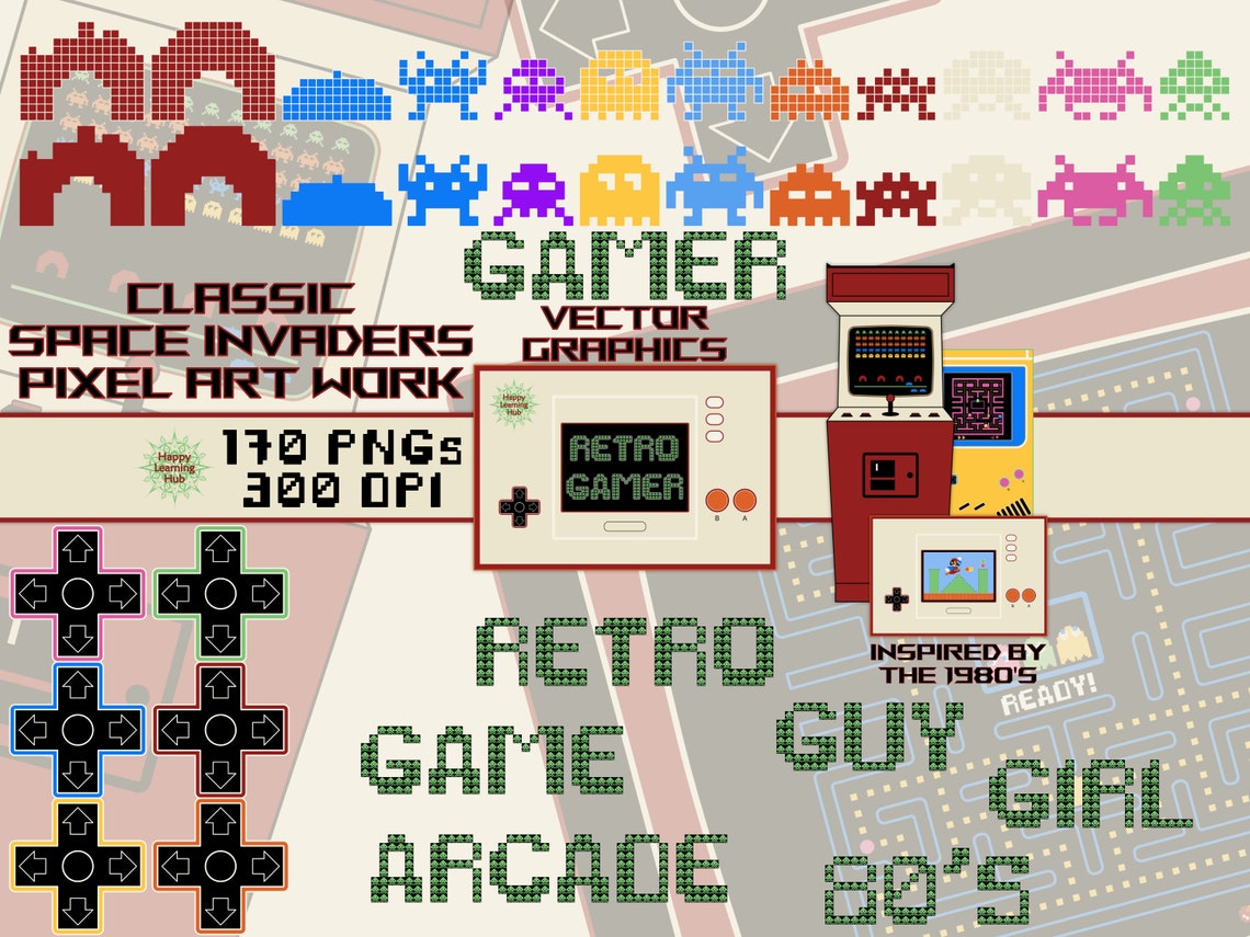 Retro Gamer Clipart, Gamer PNG Bundle, 80's Clipart, Gaming Consoles ...
