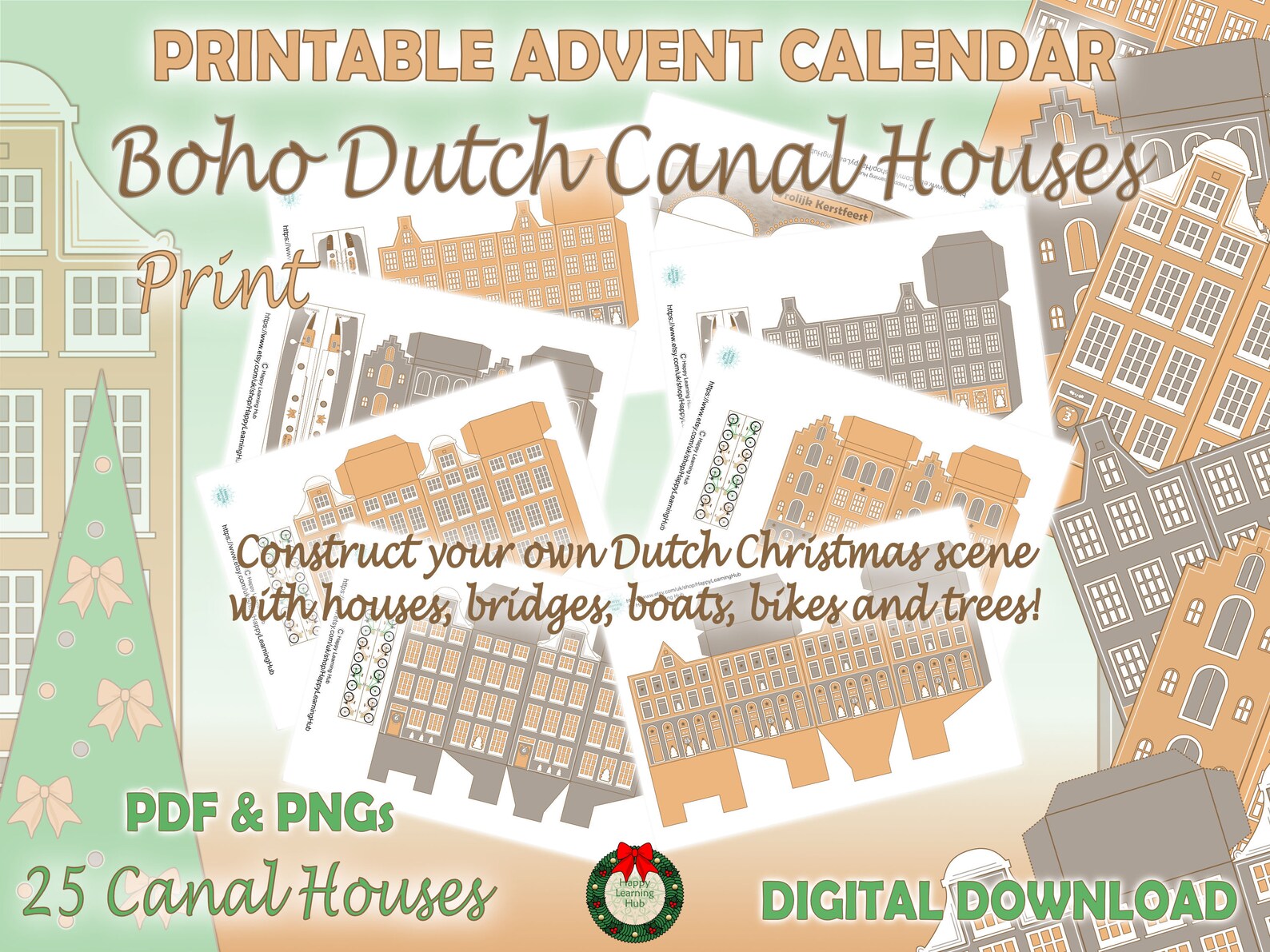 Dutch Canal Houses Printable Advent Calendar, DIY Boho Paper Houses ...