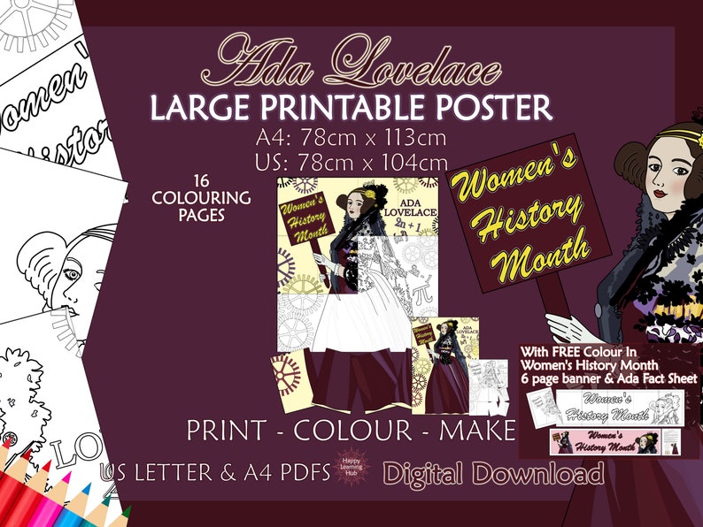 Women's History Month, Large Printable Colouring Poster, Ada Lovelace ...