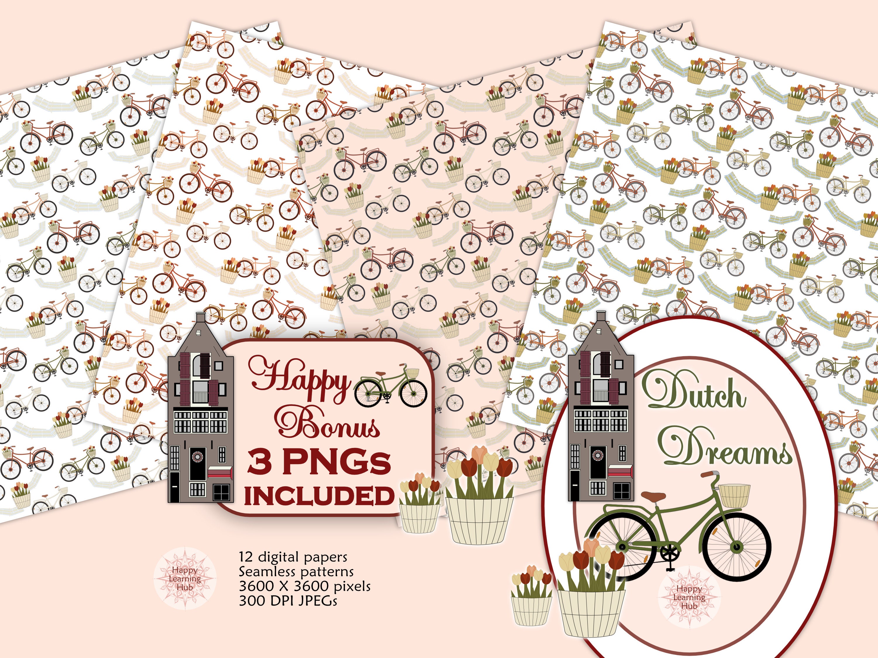 Dutch Themed Digital Paper, Amsterdam Seamless Pattern, Amsterdam Canal ...