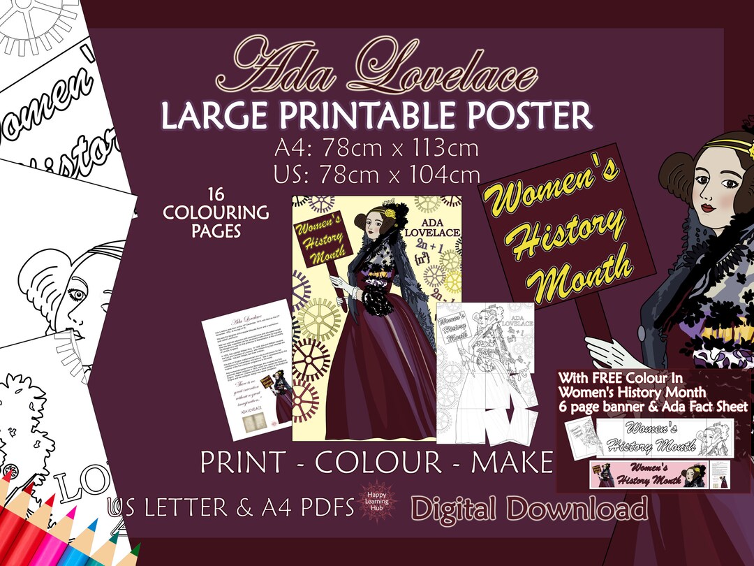 Women's History Month, Large Printable Colouring Poster, Ada Lovelace ...