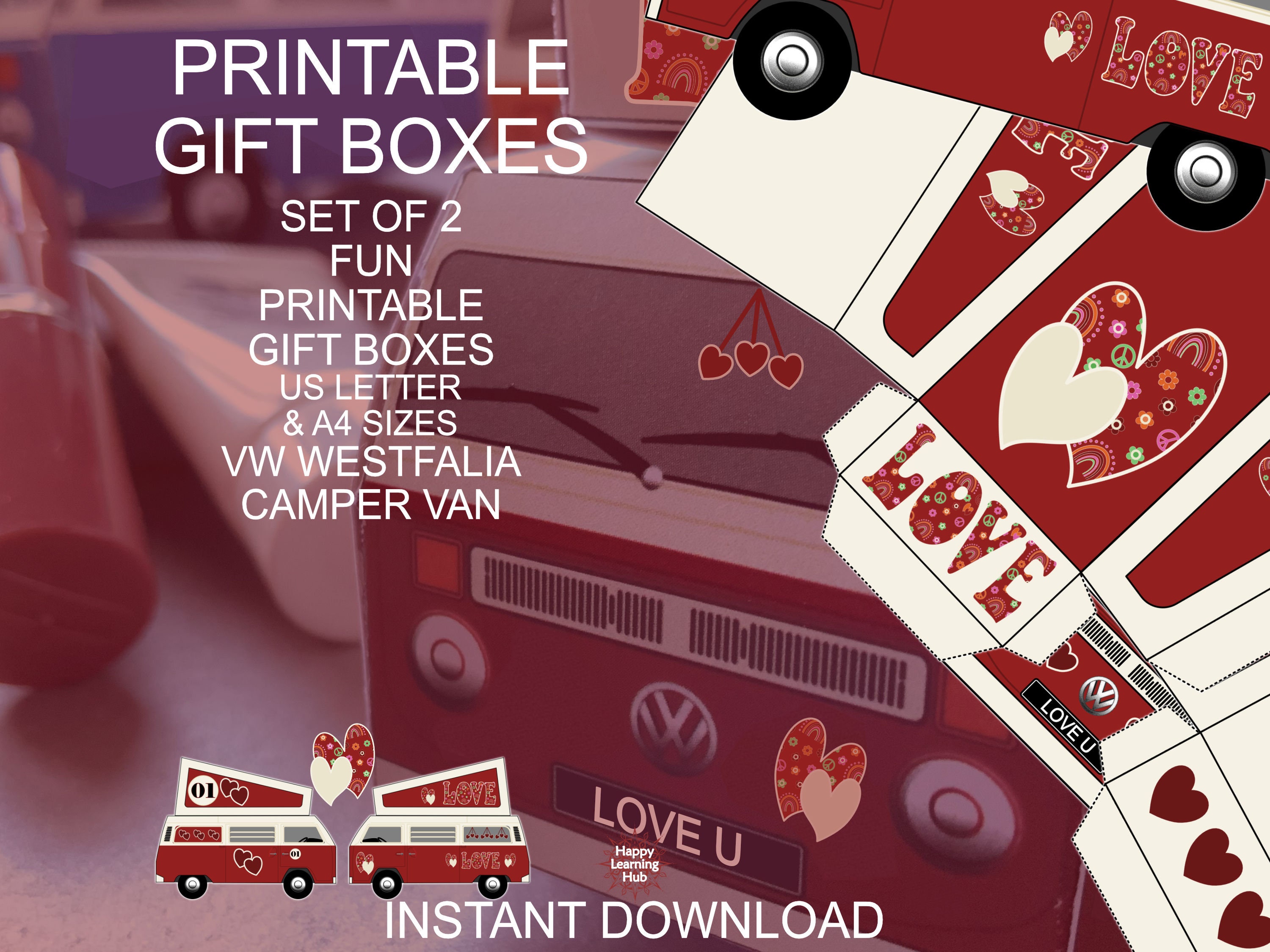 Printable Gift Boxes, Favour Boxes, Camper Van, Van Life, Love, Retro ...