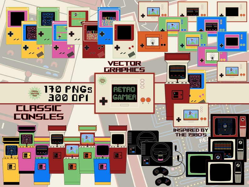 Retro Gamer Clipart, Gamer PNG Bundle, 80's Clipart, Gaming Consoles ...