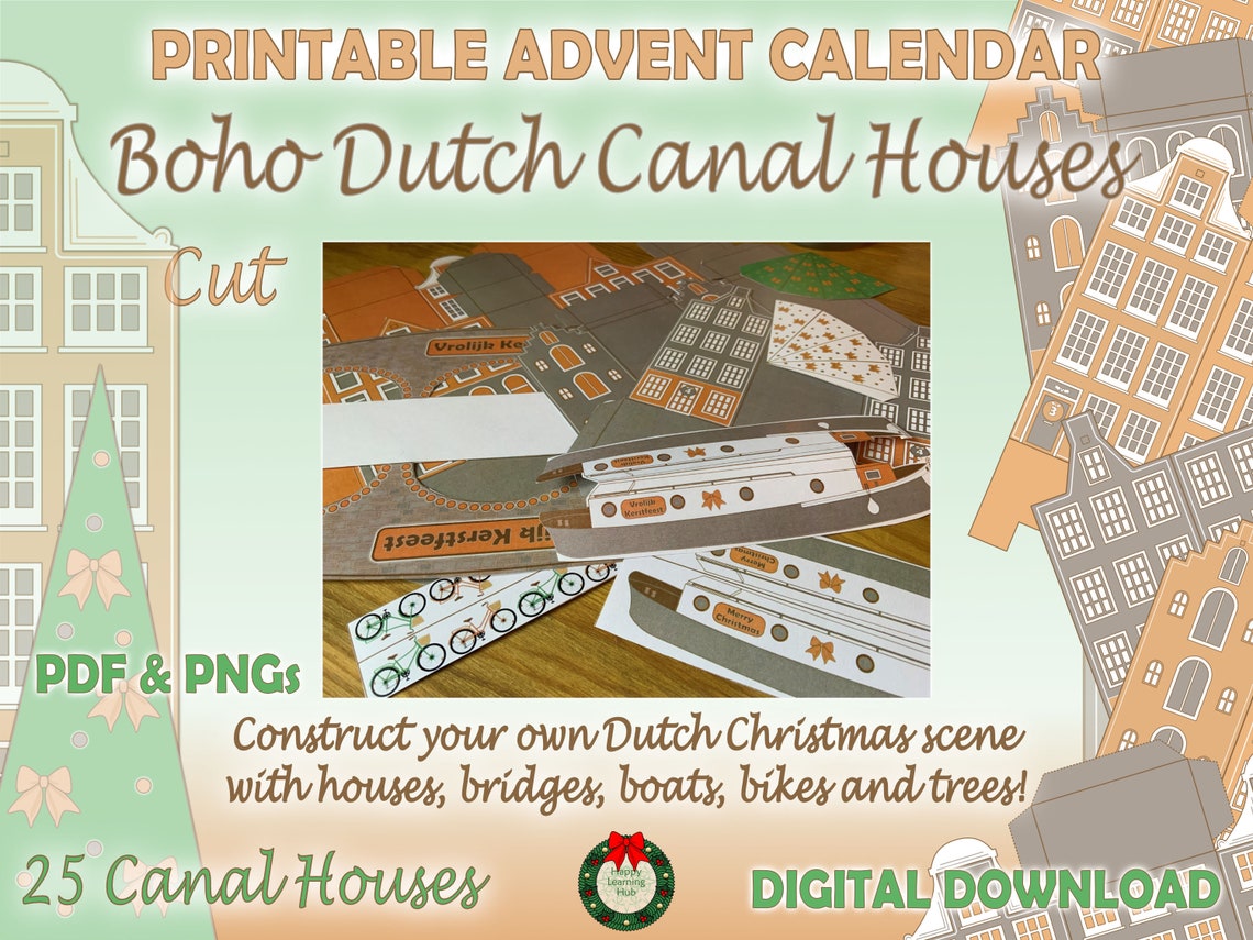 Dutch Canal Houses Printable Advent Calendar, DIY Boho Paper Houses ...