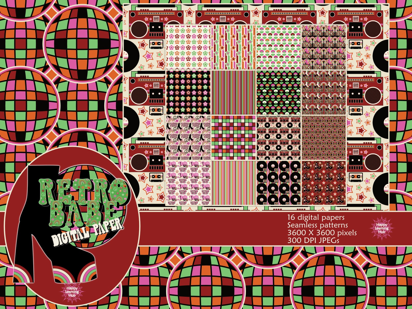 Retro Digital Paper, 80s Seamless Patterns, 70s Retro, Disco, Roller ...