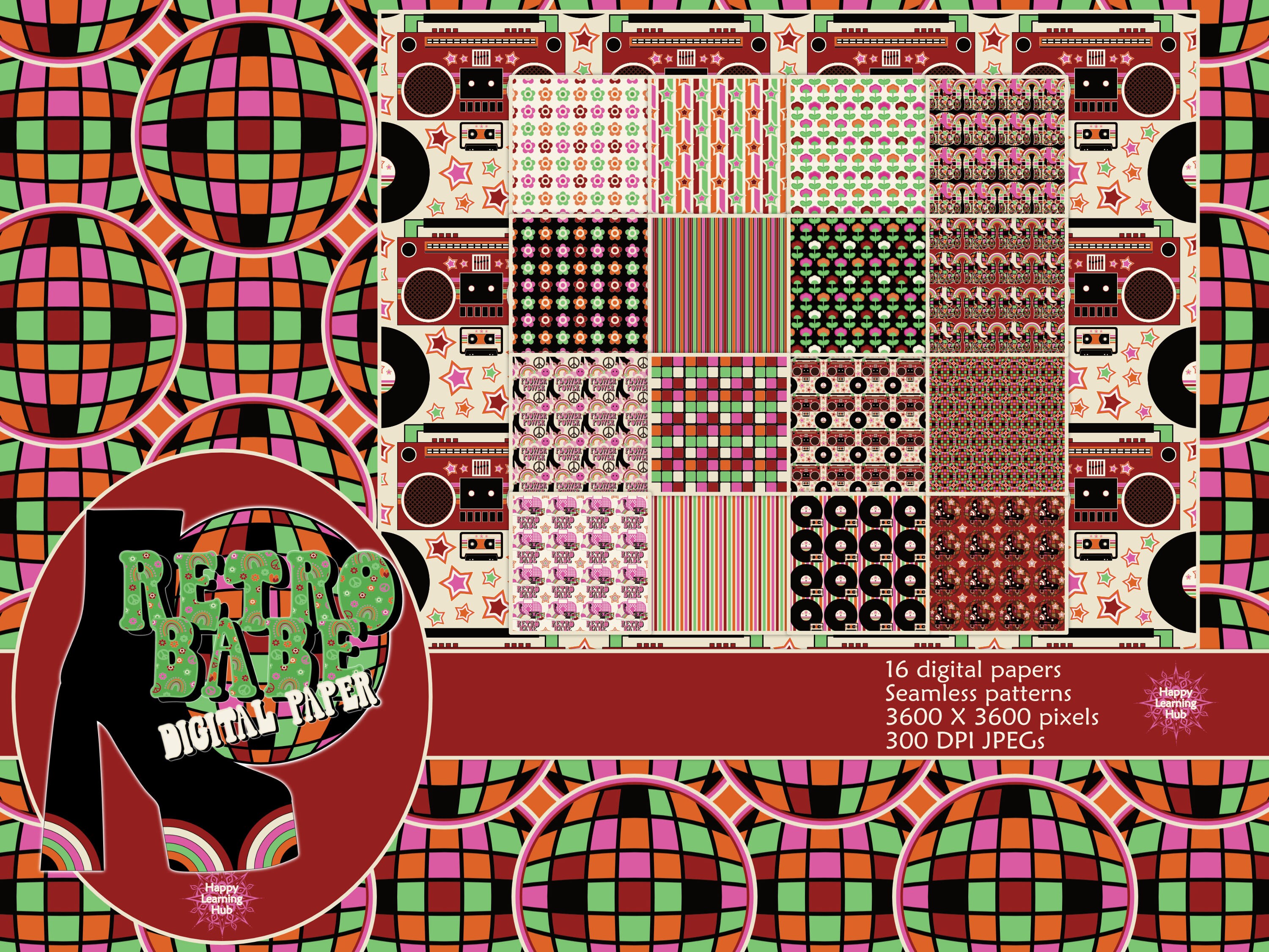 Retro Digital Paper, 80s Seamless Patterns, 70s Retro, Disco, Roller ...