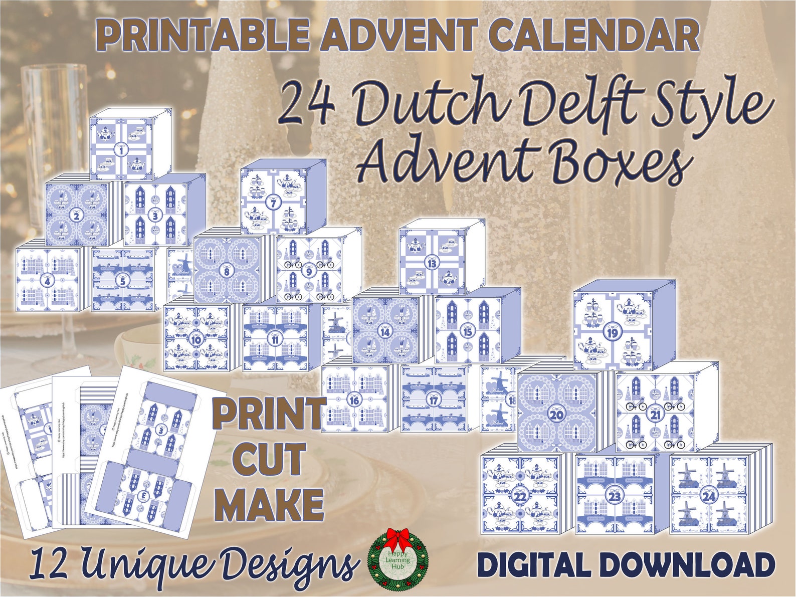 Printable Advent Calendar Boxes, Dutch Delft Blue Inspired DIY Advent ...