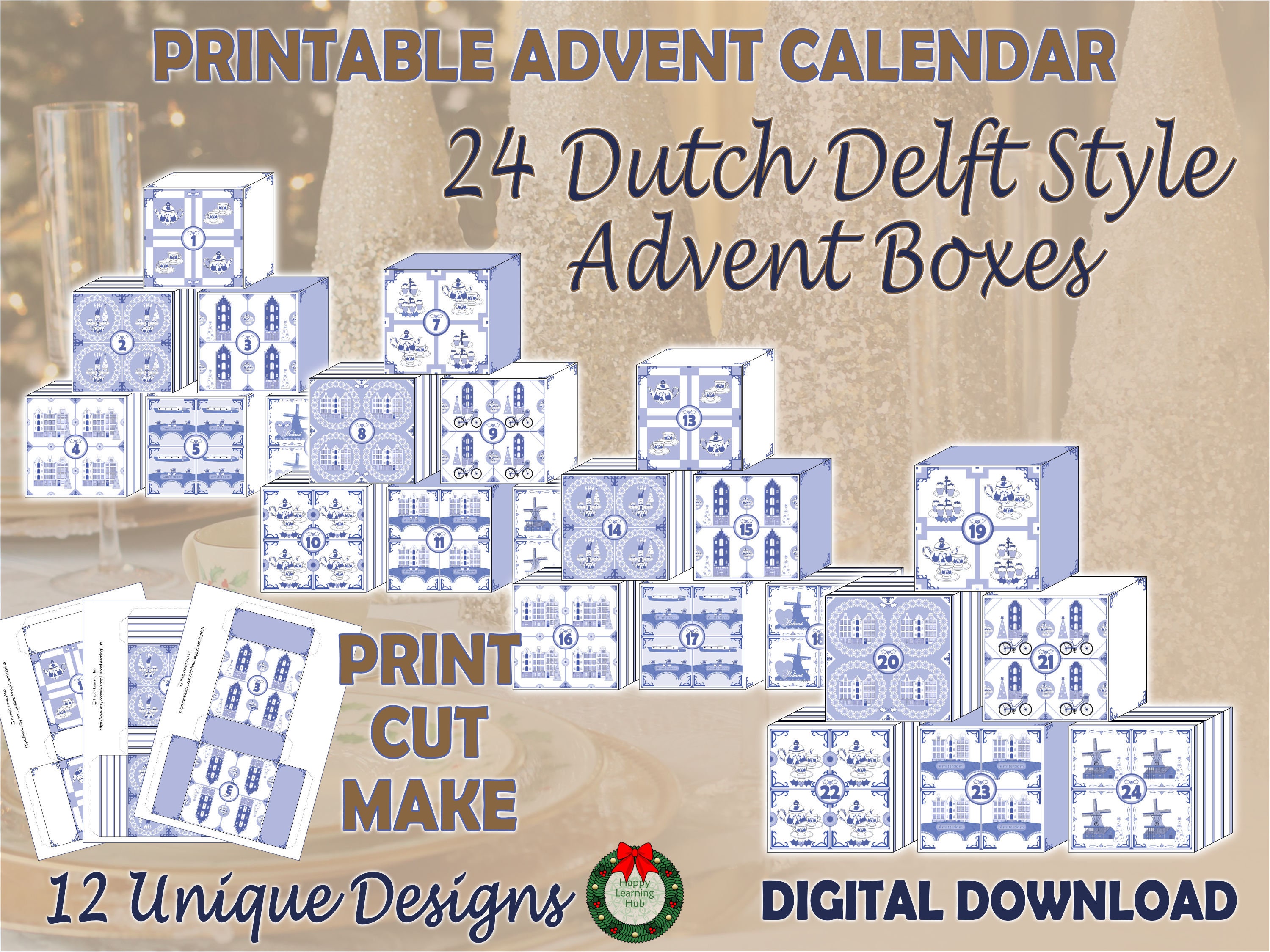 Printable Advent Calendar Boxes, Dutch Delft Blue Inspired DIY Advent ...